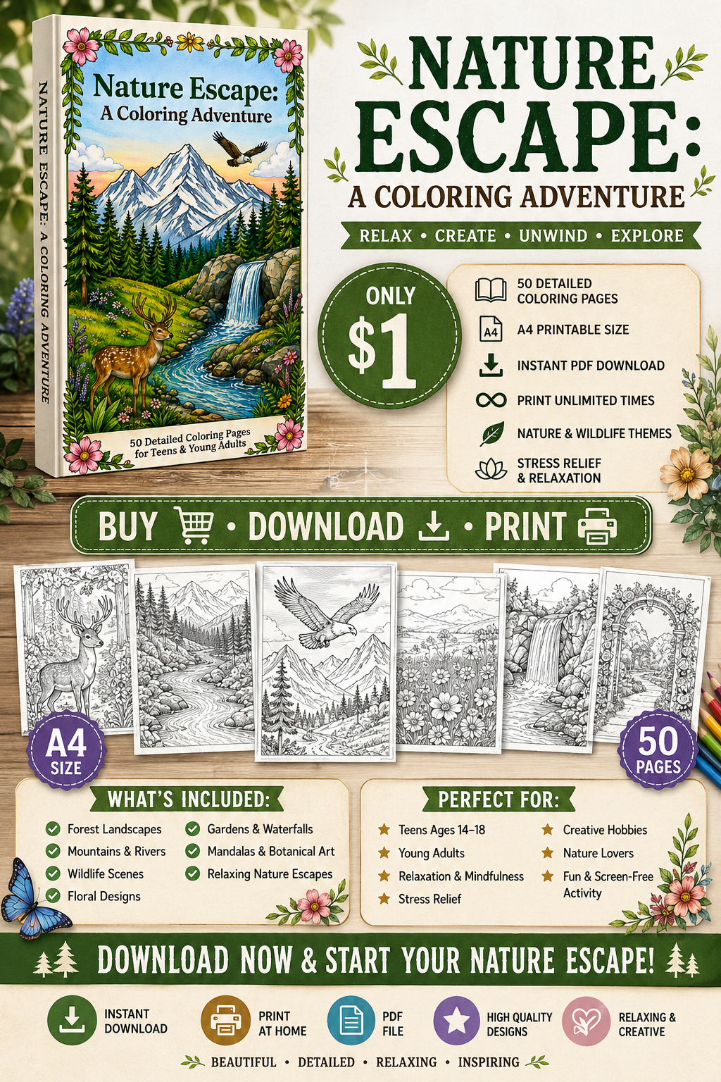 Nature Escape: A Coloring Adventure | 50 Coloring Pages | Digital PDF ...