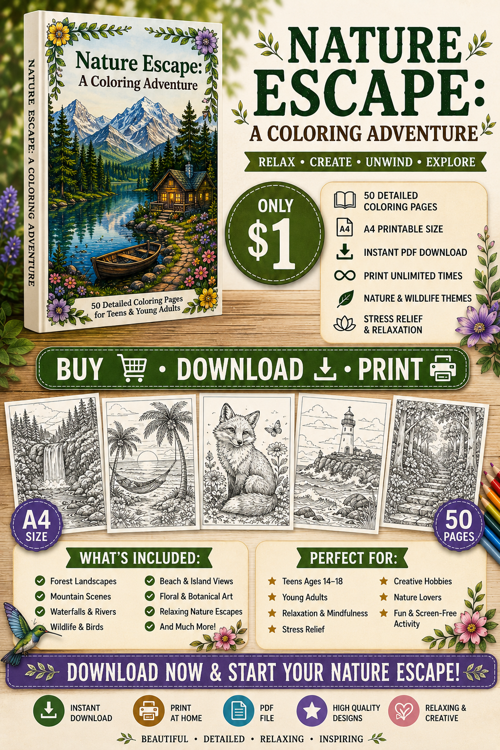Nature Escape: A Coloring Adventure | 50 Coloring Pages | Digital PDF ...